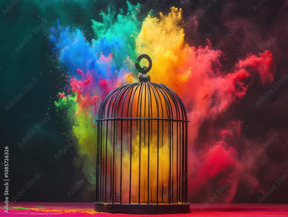 explosive colors of holi powder bursting in mid-air inside a cage ...