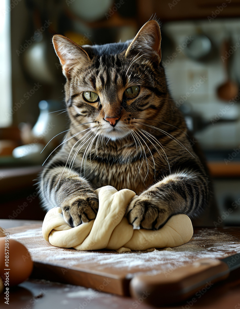 Pizza baker cat in the kitchen kneading dough like a human baker, pizza ...