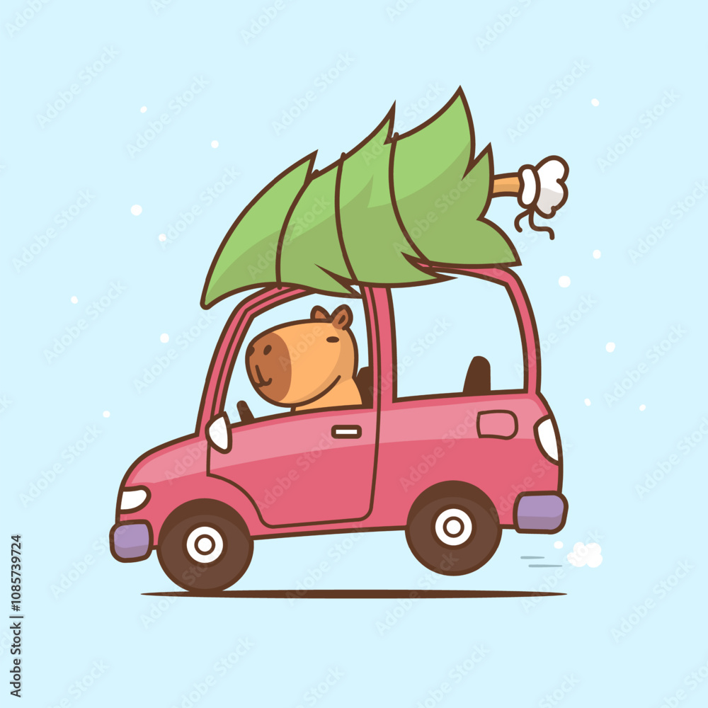 Funny image of a Capybara driving a car with a Christmas tree on the ...