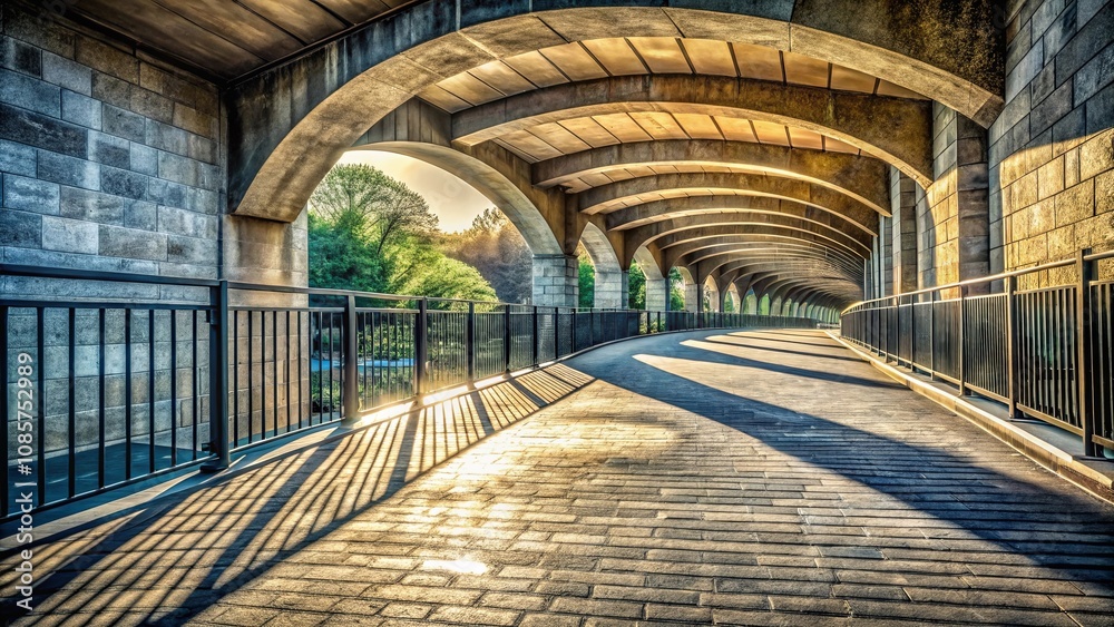 Sunlit Pathway Under Arched Stone Bridge Structure with Metal Railings ...