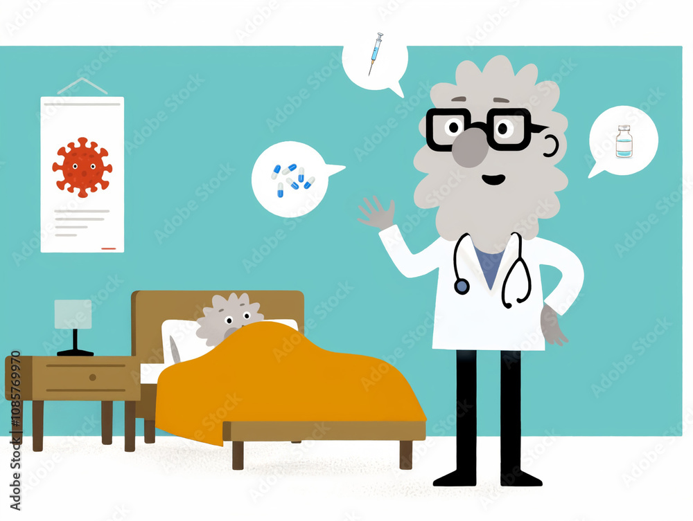 Fun illustration of physician with sick kid lying in bed, in hospital ...