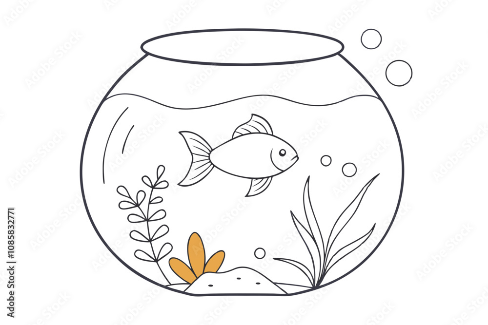 Goldfish Line Drawing A Serene Fish Bowl Scene with Aquatic Plants and ...