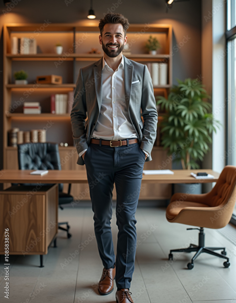 Modern office, Full length and full frontal photo of a handsome ...
