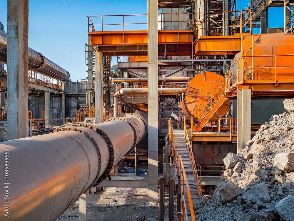 Industrial facility featuring stone processing equipment with metal ...