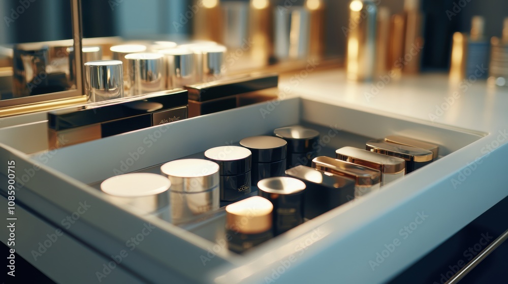 Elegant Display of Skincare Containers in a Modern Vanity Drawer with ...