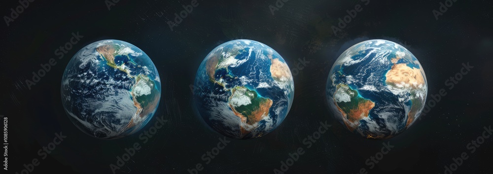 Three Earth Globes in Space, Depicting the Planet From Different Angles ...