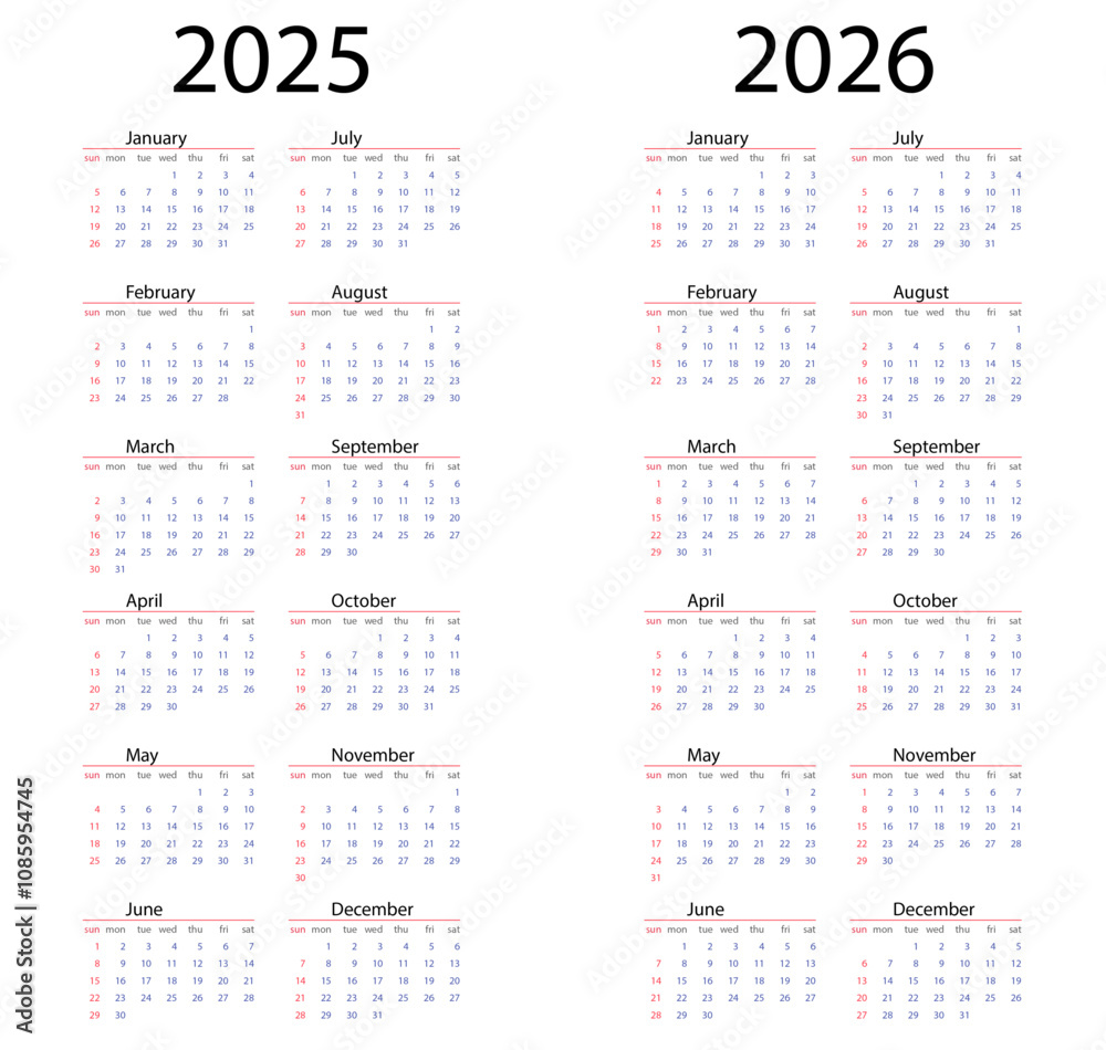 Calendar 2025, calendar 2026 week start Sunday vector template for ...