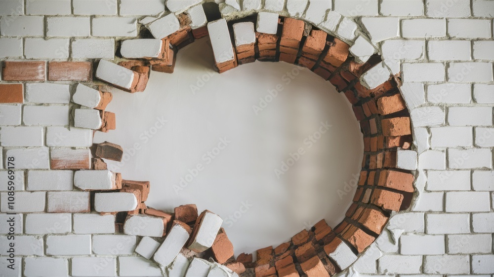 Broken Brick Wall: A circular hole in a white brick wall, revealing a ...