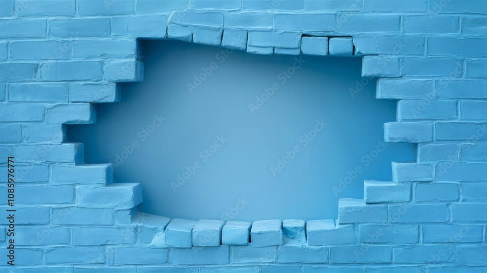 Breaking Through: A blue brick wall dramatically reveals an open space ...
