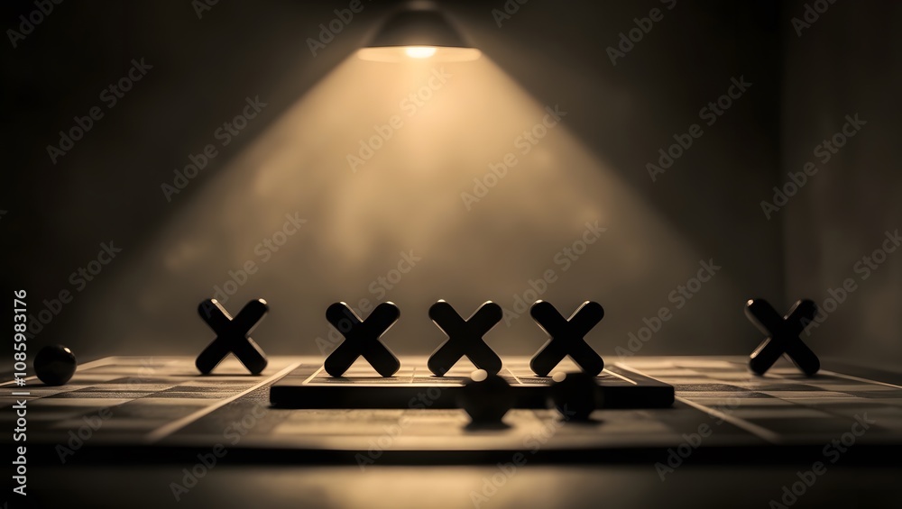 3D X shapes stand in a row on an XO board with dim lights. Stock ...