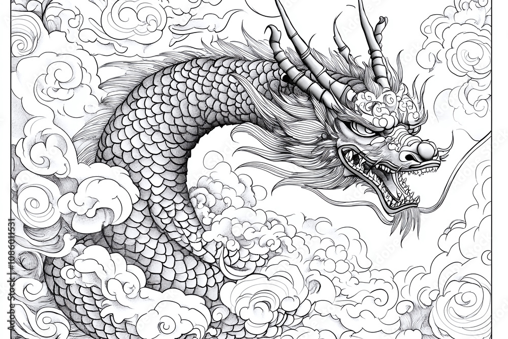 Coloring page of chinese dragon motif with cloud patterns and ...