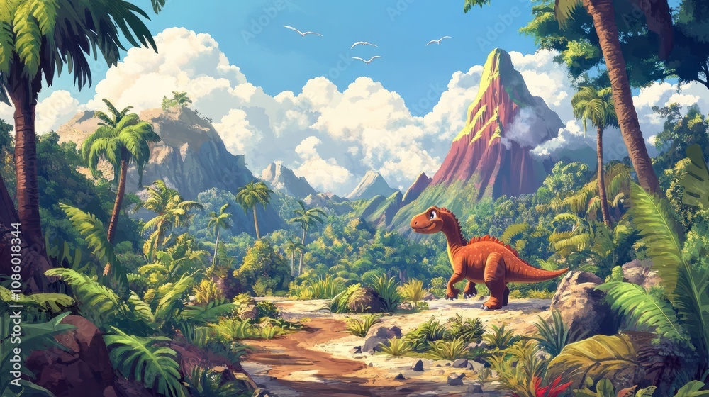 Prehistoric landscape. Cartoon dinosaur nature walk, jurassic cute ...