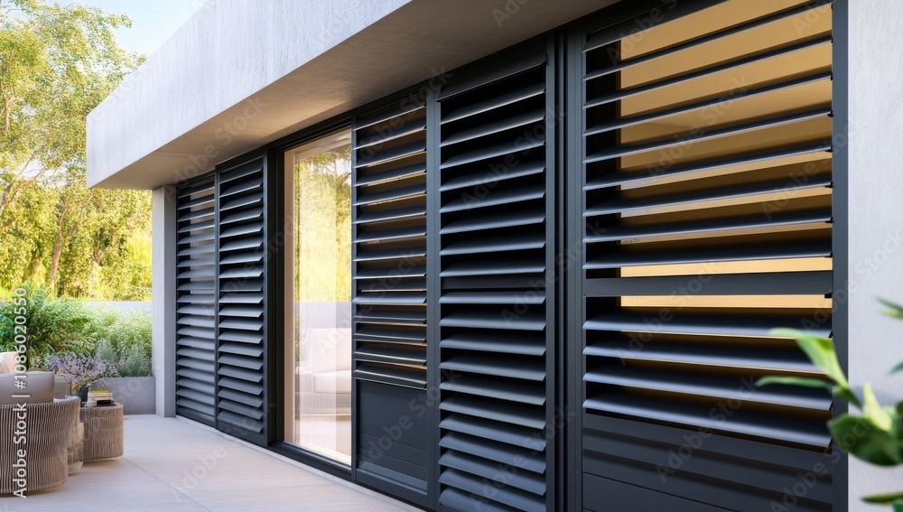 Black Sliding Shutter Doors on a Modern House Exterior with Large Glass ...