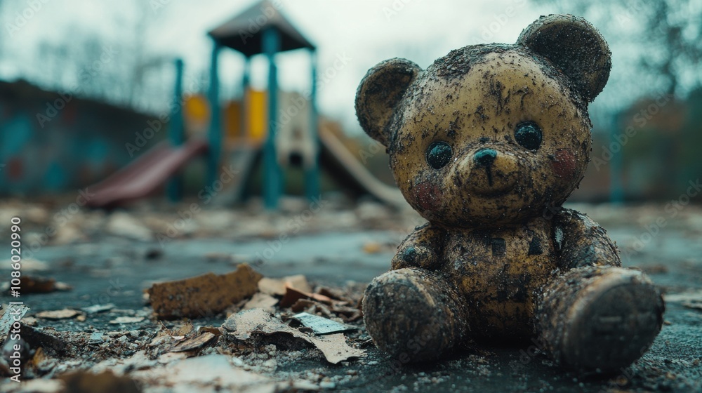 A dusty child's toy bear sits forlornly in an abandoned playground ...