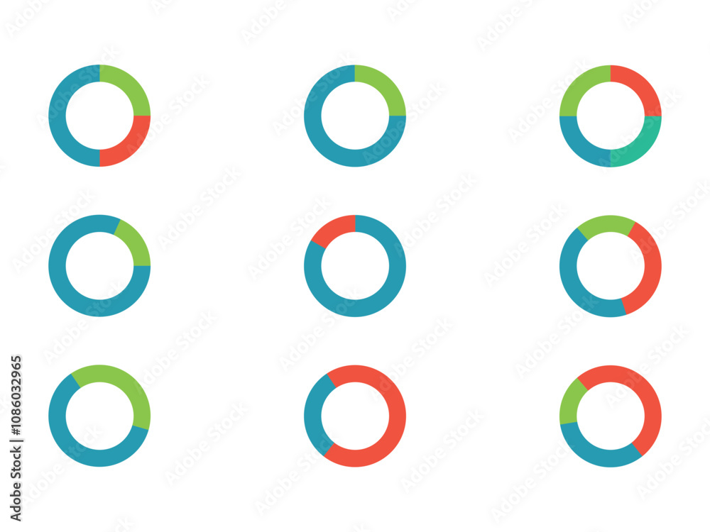 Set of wheel chart icons or round diagrams with various sectors ...