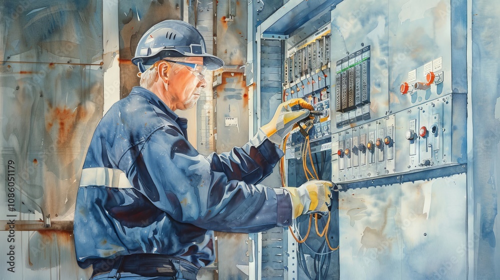 Watercolor illustration of a male electrician working on electrical ...
