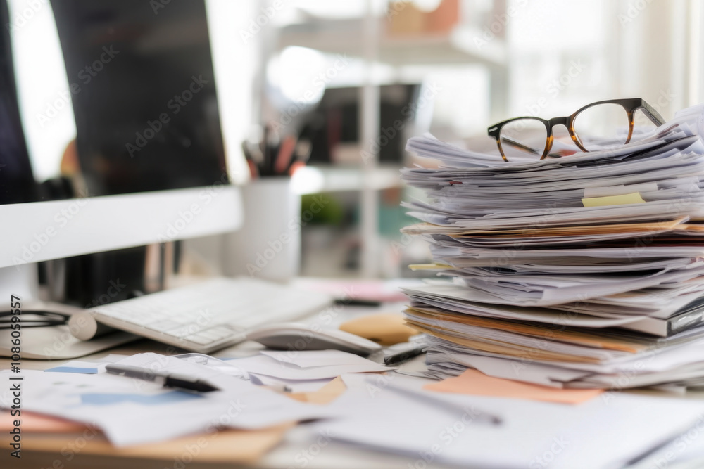 Pile of documents and stacks of paper, notebook on office desk. Messy ...