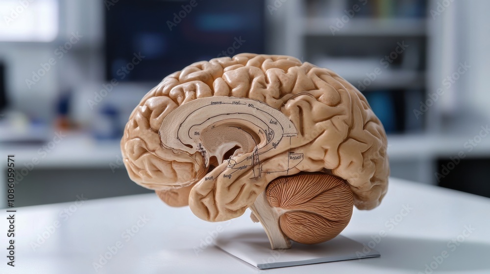 Detailed anatomical brain model displayed on a laboratory desk ...