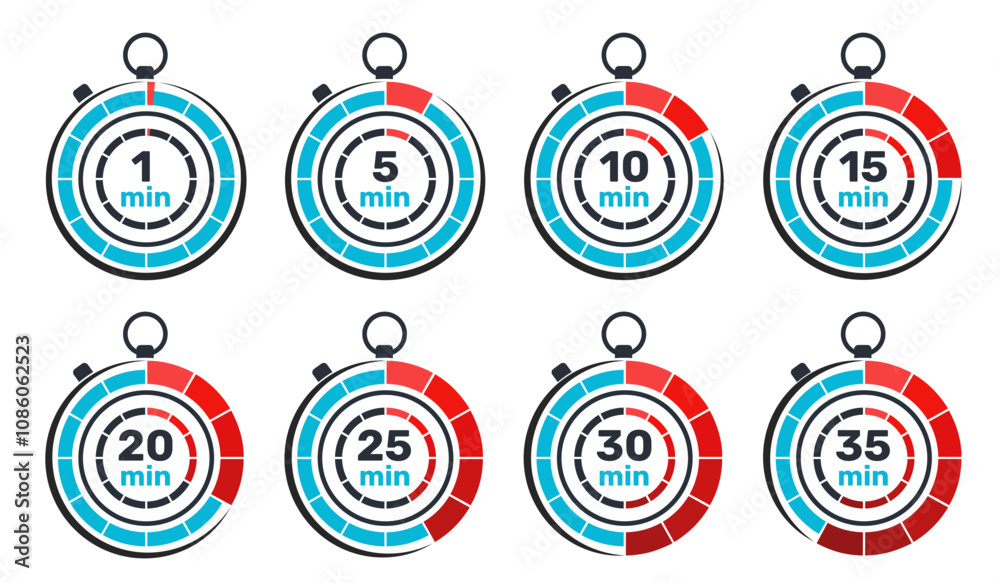 Round timer icons. Analog clock signs. 1 or 5 minutes. 10, 15 and 20 ...