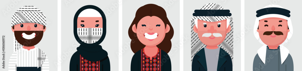 Set of flat portraits of Palestinian people. Collection of colored ...