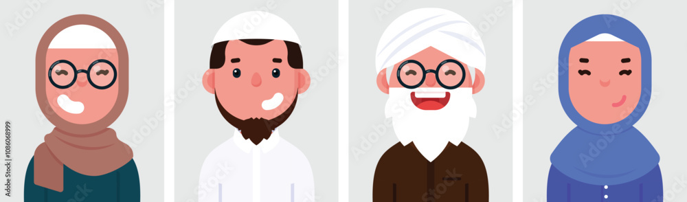 Set of flat portraits of islamic people. Collection of colored cartoon ...