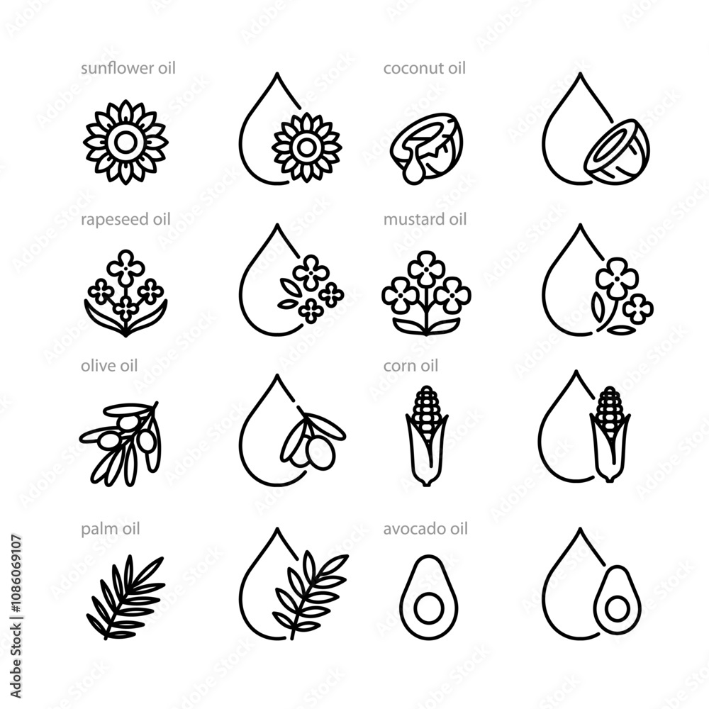 Cooking oil icon set - sunflower, coconut, palm, rapeseed, mustard ...