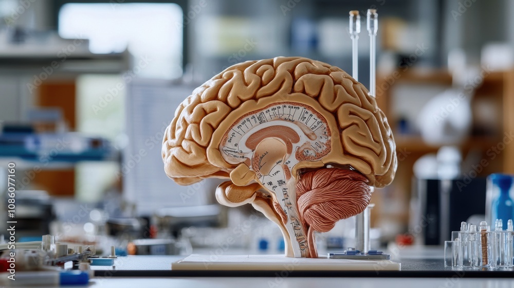 Ilustración de Stock High-detail photo of a labeled brain model on a ...