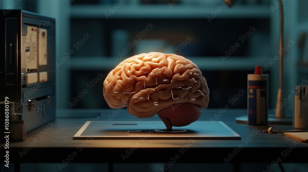 Detailed 3D brain model displayed on a medical desk with annotations of ...