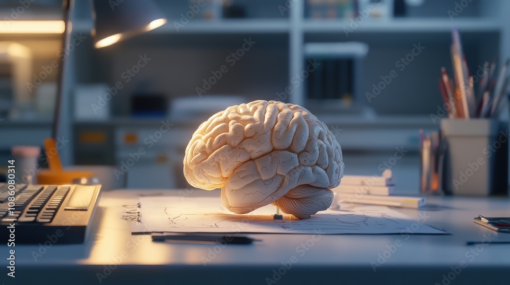 Detailed 3D brain model displayed on a medical desk with annotations of ...