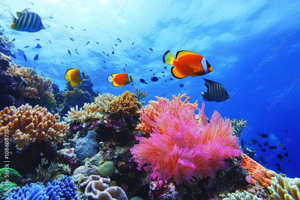 Cute illustration of coral reef ecosystem with diverse marine life ...