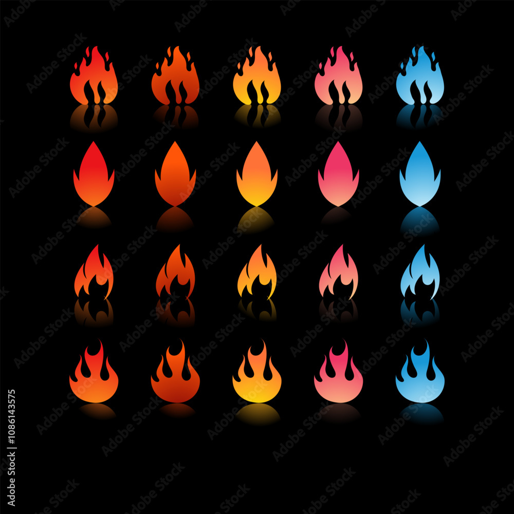 25 fire icons with varying gradients and shapes in colors ranging from ...