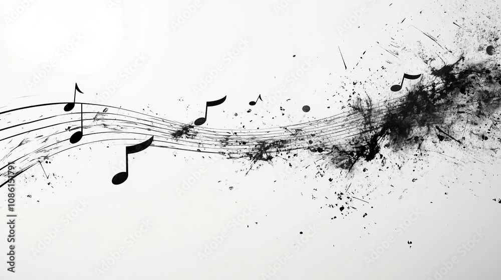 An artistic composition of black musical notes flowing with ink ...
