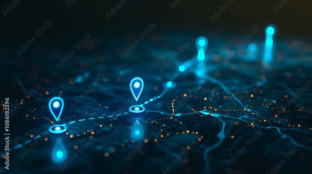 A digital map with glowing location markers and pathways, illustrating ...