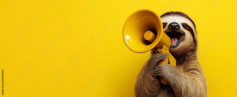 Foto joyful sloth with yellow megaphone on bright background shouting ...