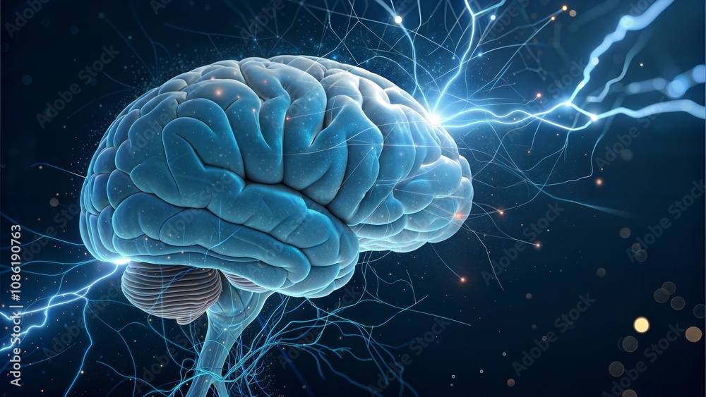 Hyperrealistic human brain illustration with blue highlights on the ...