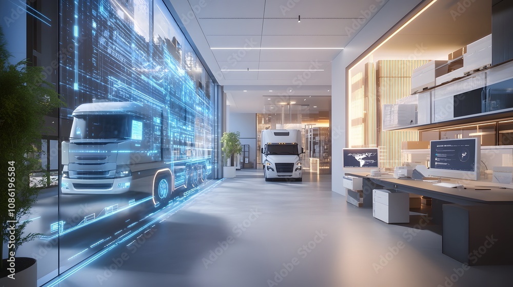 33. A futuristic logistics office with real-time holographic delivery ...