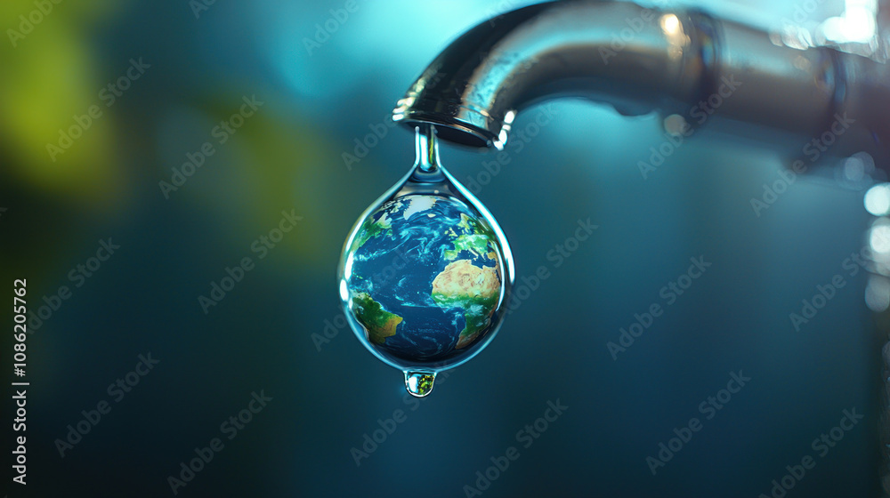water tap drips droplet that reflects tiny planet, creating captivating ...