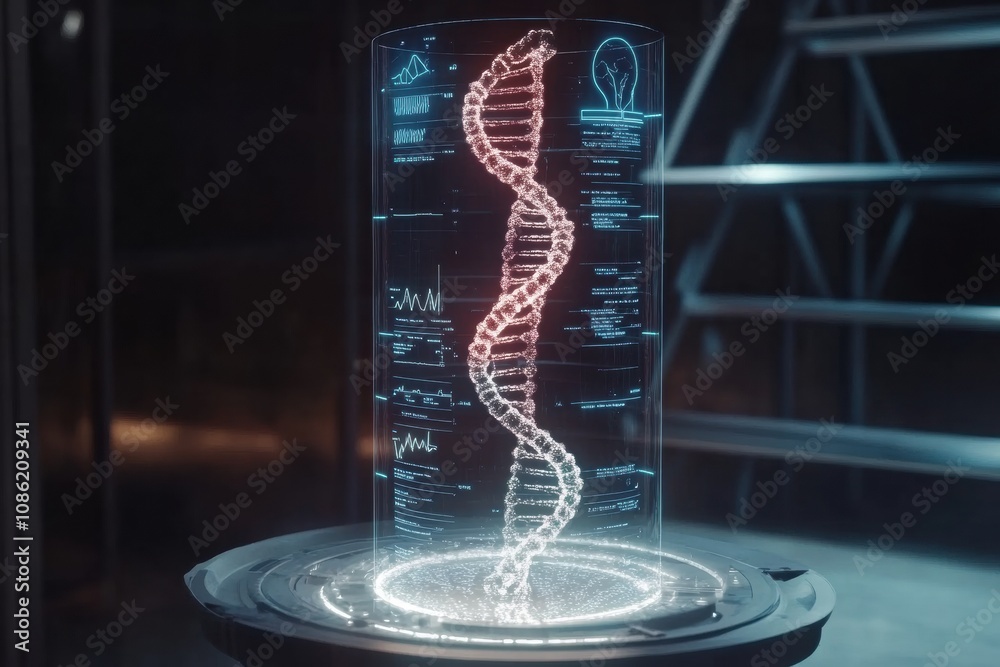 A digital DNA model is showcased in a modern lab, highlighting genetic ...