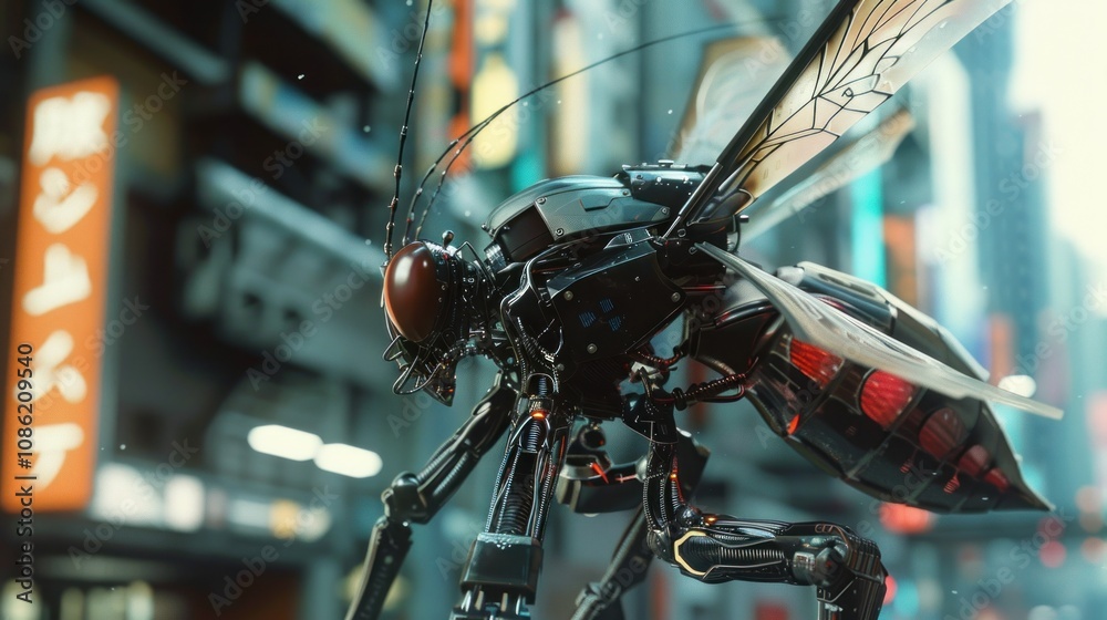 Humanoid robot dragonfly with wings in a dark cyberpunk city, AI ...