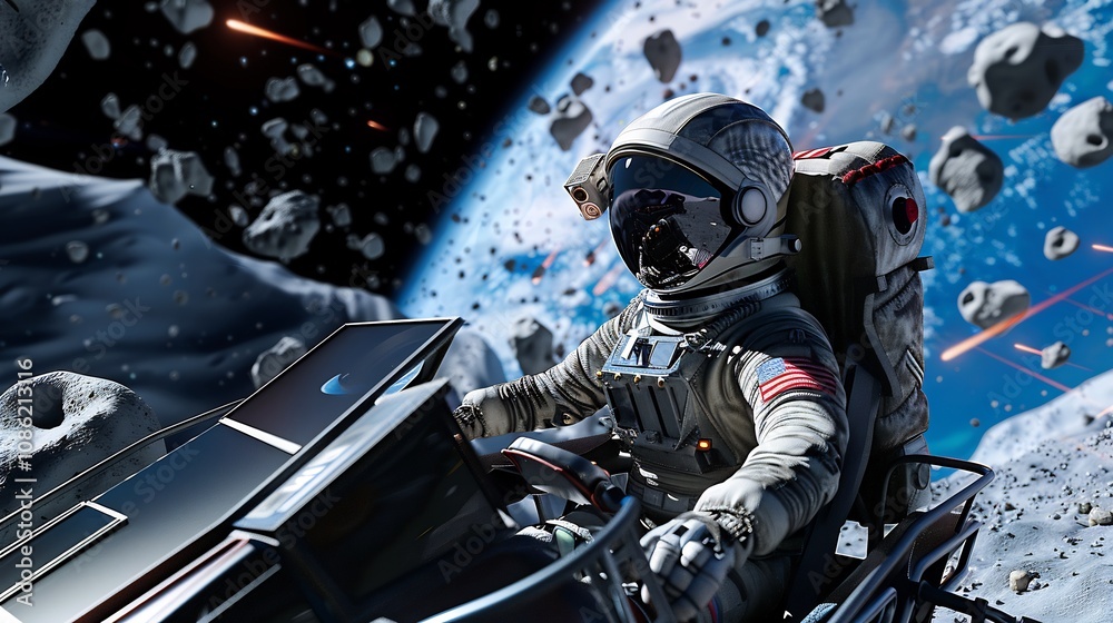Astronaut in space piloting a highspeed spacecraft through an asteroid ...