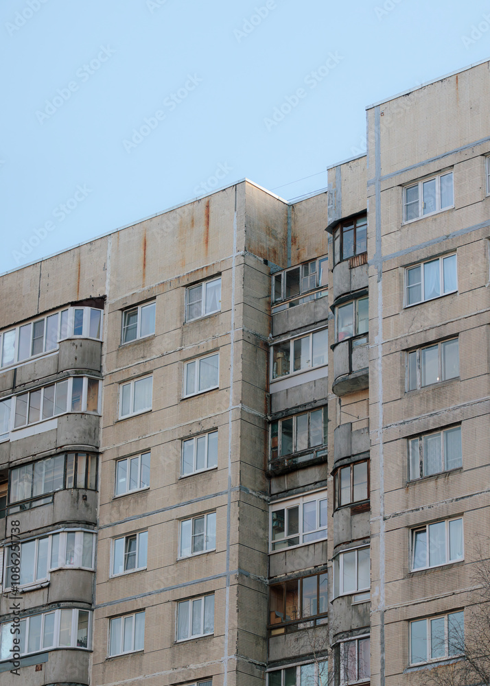Partial facade of a panel multi-story apartment building, an example of ...