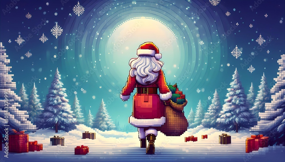 Pixelated Santa Claus walking through a snowy landscape carrying a sack ...