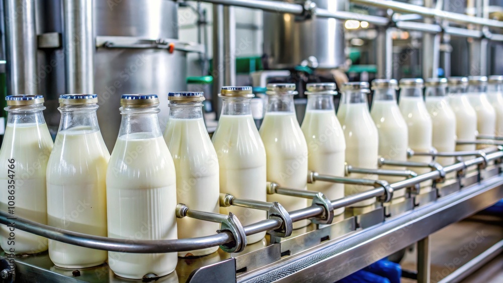 Milk bottles being filled with fresh milk at the dairy plant , dairy ...