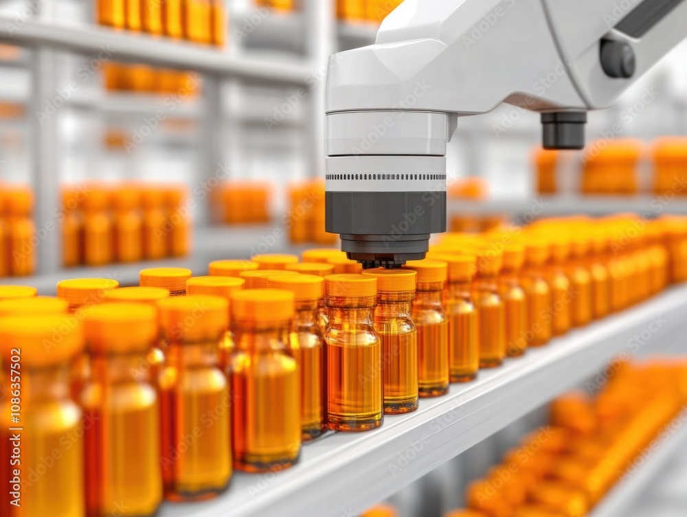 Robotic Arm Handling Orange Vials on a Shelf in a Modern Warehouse ...