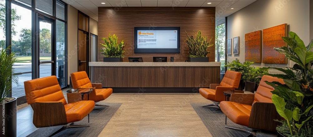 Modern lobby with wooden paneling, a long reception desk, orange chairs ...