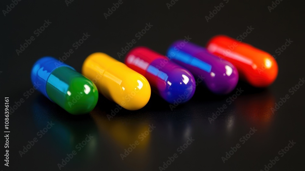 A collection of vibrant capsules is neatly aligned on a dark surface ...