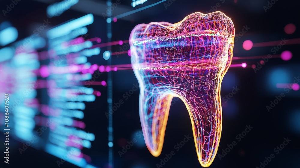High-tech dental display showing layered anatomy of a tooth in vivid ...