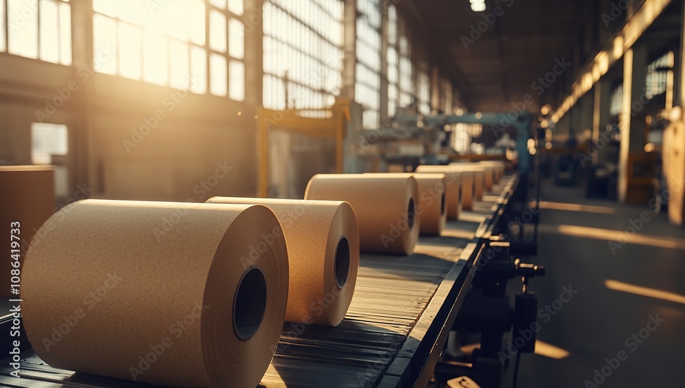 Industrial Paper Roll Production Line: Sunlight illuminates a factory ...