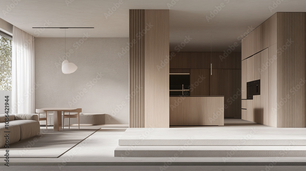 Show a minimalist 3-bedroom house design with spacious, clutter-free ...