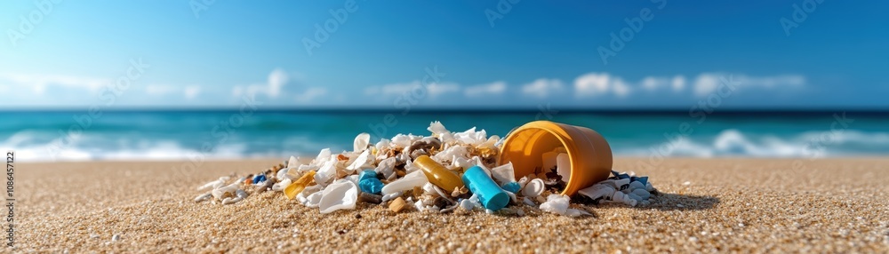 Plastic waste floating in the ocean concept. Tiny microplastic ...